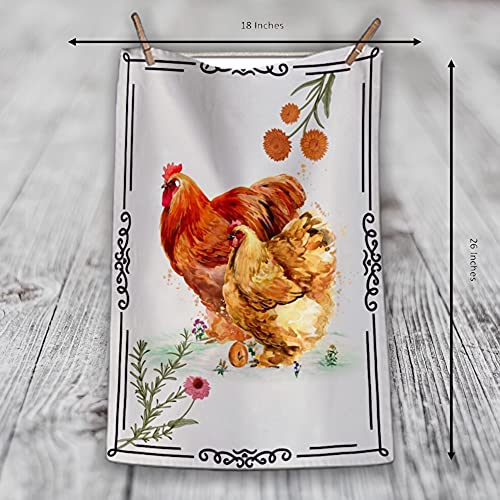 Shes Chic Rooster Chicken Kitchen Towels - 100% Cotton Farmhouse Set of 2 Multi-Purpose Feedsack Dish Towel for Drying | Tea Towels | Bar Towels 26 Inch by 18 Inch with Hanging Loop