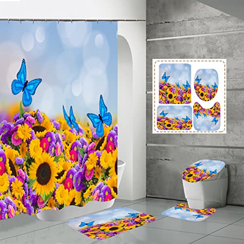 StarBlue-HGS Garden Sunflower Flower Waterproof Shower Curtain Set Flowering Shrubs Butterfly Bathroom Bathtub Mat Toilet Cover Mat Set