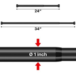 Adjustable Closet Rod, Heavy Duty 24 to 34 inch Steel Tension Rod for Closet, 1 inch Diameter Fixed Rod for Clothing, Organizer, Wardrobe, 2 Brackets Support Included, Black