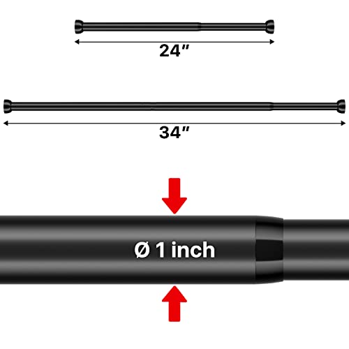 Adjustable Closet Rod, Heavy Duty 24 to 34 inch Steel Tension Rod for Closet, 1 inch Diameter Fixed Rod for Clothing, Organizer, Wardrobe, 2 Brackets Support Included, Black