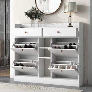 juofone modern shoe storage cabinet with 4 flip drawers & locker, wood shoe organizer, multifunctional shoe storage organizer with drawers, free standing shoe rack for entrance hallway (white)