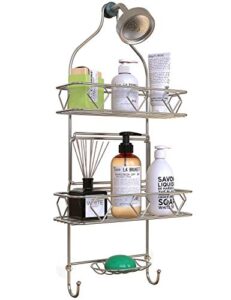 geekdigg 3 tier hanging shower caddy, shower caddy basket over shower head with suction cups, hooks, bathroom caddies, rustproof stainless steel, silver