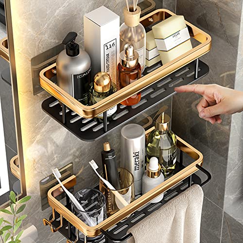 Xunata 2 Pack Shower Caddy Shower Shelf, Bathroom Basket Shelf with Towel Holder, No Drilling Wall Mounted Adhesive Shower Organizer, Soap Shampoo Rack with Hooks for Toilet and Kitchen