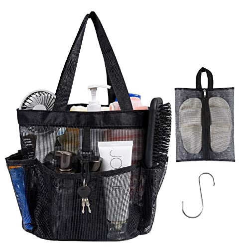 LETHMIK Mesh Shower Caddy - Large Hanging Portable Tote Bag 8 Pockets Deeper, Quick Dry Shower Caddy Basket Bag with Shoe Bag & Key Hook, Bath Organizer for College Dorms, Gym, Camp, Beach (Black)