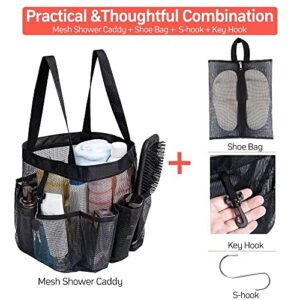 LETHMIK Mesh Shower Caddy - Large Hanging Portable Tote Bag 8 Pockets Deeper, Quick Dry Shower Caddy Basket Bag with Shoe Bag & Key Hook, Bath Organizer for College Dorms, Gym, Camp, Beach (Black)