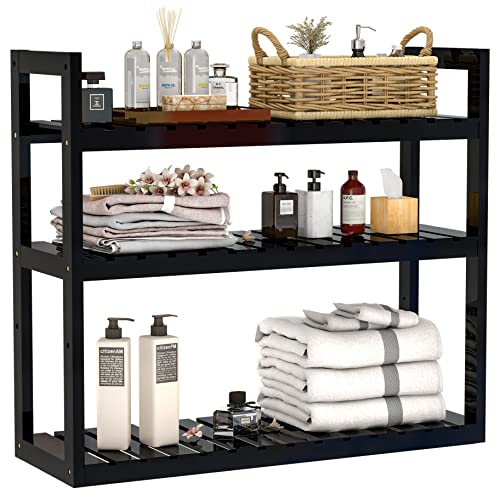 Bathroom Bamboo Shelf Organizer - 3 Tier Storage Shelf with Adjustable Wall Mounted Shelf Rack Over Toilet, Use for Bathroom, Kitchen, Living Room (Black)