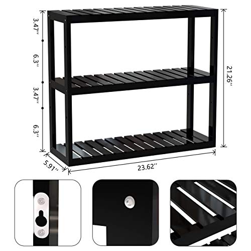 Bathroom Bamboo Shelf Organizer - 3 Tier Storage Shelf with Adjustable Wall Mounted Shelf Rack Over Toilet, Use for Bathroom, Kitchen, Living Room (Black)