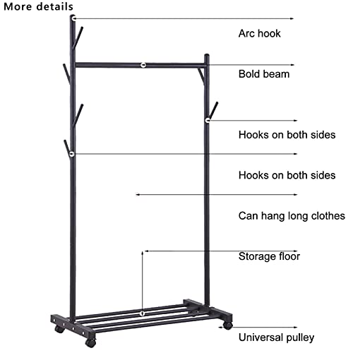 ZBYL Clothing Rack Garment Rack, Metal Free Standing Clothes Closet Rack with Bottom Rack, Rolling Wardrobe Rack with Wheels, Portable Organizer Standard Rod for Hanging Clothes, 100×169cm