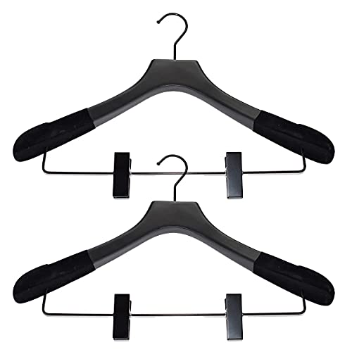 Premiere Luxe Natural Wood Coat Hangers- Wooden Suit Hangers with Clips, Skirt Hangers, Pants Hangers with Clips- Standard Clothing Hangers- Space Saving Hangers (Black with Black Velvet, 6)