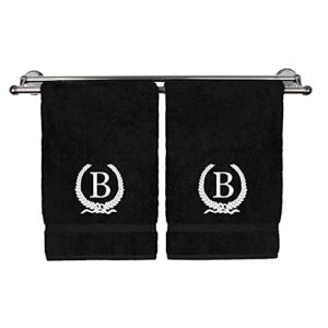 monogrammed hand towel, personalized gift, 16 x 30 inches - white letter embroidered with wreath design on black towel - extra absorbent - 100% turkish cotton - soft terry finish - initial b