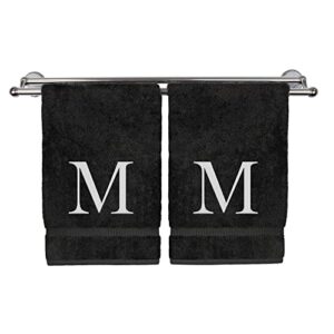 monogrammed hand towel, personalized gift, set of 2- white block letter embroidered towel - extra absorbent 100% turkish cotton - soft terry finish - initial m black