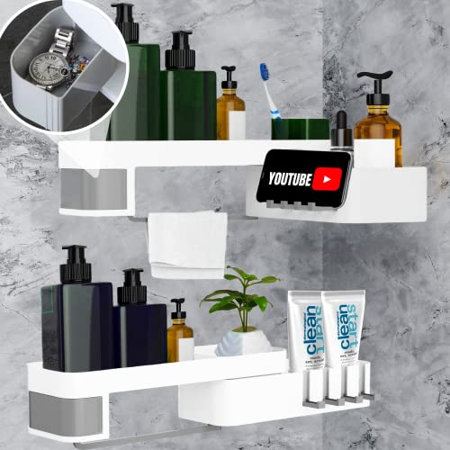 About Casa Wall Adhesive Shower Organizer, White and Grey Corner Shower Caddy, 2 Racks with drawer, hooks and towel bar, Large Storage Shelves for inside shower, bathroom