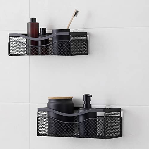 KINCMAX Mesh Shower Caddy (2-Pack), Rustproof Stainless Steel, Adhesive Wall Mount Baskets with Hooks, Mesh Design (Matte Black)