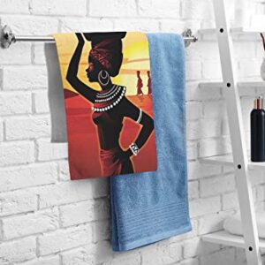 oFloral African Women Painting Art Hand Towels Cotton Washcloths,Woman Walking On The Sunset Desert Soft Absorbent Towels for Bath/Yoga/Golf/Hair/Face Towel for Men/Women/Girl/Boys 15X30 Inch