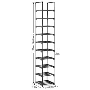 Hossejoy 10 Tiers Tall Shoe Rack, Metal Shoe Rack Organizer, Narrow Shoe Shelf Storage, Space Saving Shoe Stand for Narrow Space, Bedroom, Living Room, Hallway, 28 x 30.5 x 175 cm, Black