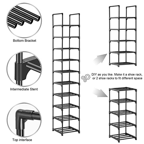 Hossejoy 10 Tiers Tall Shoe Rack, Metal Shoe Rack Organizer, Narrow Shoe Shelf Storage, Space Saving Shoe Stand for Narrow Space, Bedroom, Living Room, Hallway, 28 x 30.5 x 175 cm, Black