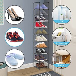 Hossejoy 10 Tiers Tall Shoe Rack, Metal Shoe Rack Organizer, Narrow Shoe Shelf Storage, Space Saving Shoe Stand for Narrow Space, Bedroom, Living Room, Hallway, 28 x 30.5 x 175 cm, Black