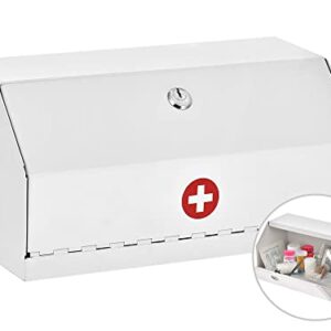 AdirMed Medicine Lock Box for Medication Lock Box with Key - Wall Mounted Locking First Aid Medicine Cabinet, Secured Prescription Storage for Peace of Mind Around Kids at Home, School (Steel White)