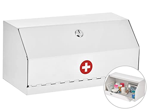 AdirMed Medicine Lock Box for Medication Lock Box with Key - Wall Mounted Locking First Aid Medicine Cabinet, Secured Prescription Storage for Peace of Mind Around Kids at Home, School (Steel White)