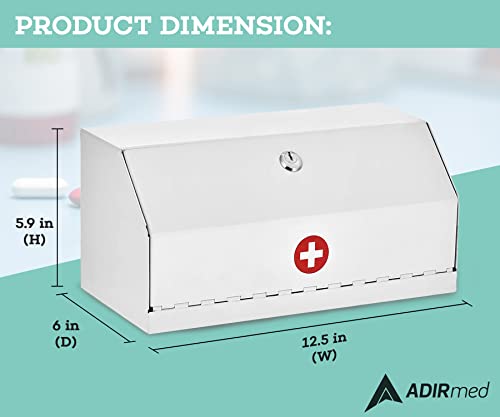 AdirMed Medicine Lock Box for Medication Lock Box with Key - Wall Mounted Locking First Aid Medicine Cabinet, Secured Prescription Storage for Peace of Mind Around Kids at Home, School (Steel White)