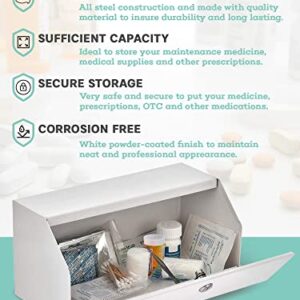 AdirMed Medicine Lock Box for Medication Lock Box with Key - Wall Mounted Locking First Aid Medicine Cabinet, Secured Prescription Storage for Peace of Mind Around Kids at Home, School (Steel White)