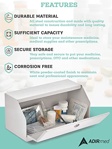 AdirMed Medicine Lock Box for Medication Lock Box with Key - Wall Mounted Locking First Aid Medicine Cabinet, Secured Prescription Storage for Peace of Mind Around Kids at Home, School (Steel White)