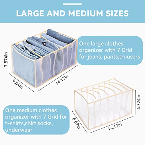 HIPTIS Wardrobe Clothes Organizer, 3PCS Closet Drawer Organizer for Closet, Mesh Clothes Storage Organizer 7Grids for Thin Jeans, T-shirts, Underwear, Socks, Scarves, Leggings, Skirts 2L+1M