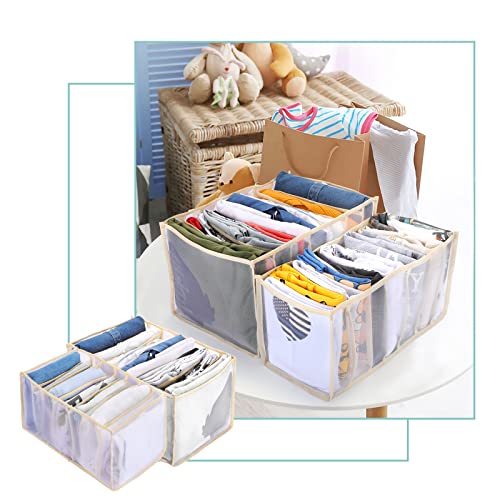 HIPTIS Wardrobe Clothes Organizer, 3PCS Closet Drawer Organizer for Closet, Mesh Clothes Storage Organizer 7Grids for Thin Jeans, T-shirts, Underwear, Socks, Scarves, Leggings, Skirts 2L+1M