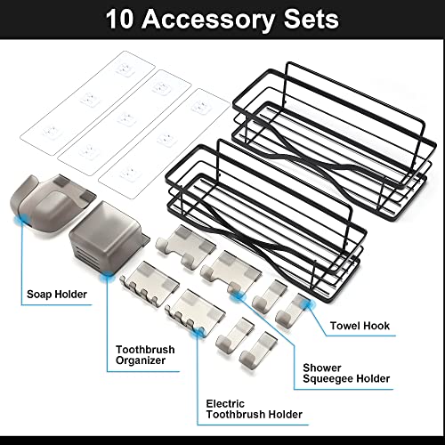 OPPWZB Shower Caddy 2 Pack,Adhesive Shower Organizer Shower Shelves No Drilling Rustproof Stainless Steel Shower Storage Rack for Inside Shower with 10 Hooks(Matte Black)