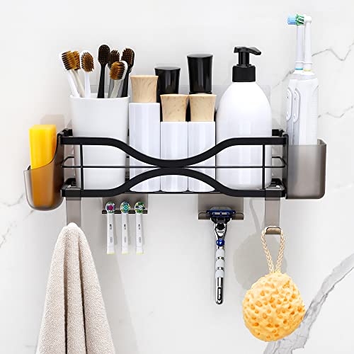 OPPWZB Shower Caddy 2 Pack,Adhesive Shower Organizer Shower Shelves No Drilling Rustproof Stainless Steel Shower Storage Rack for Inside Shower with 10 Hooks(Matte Black)