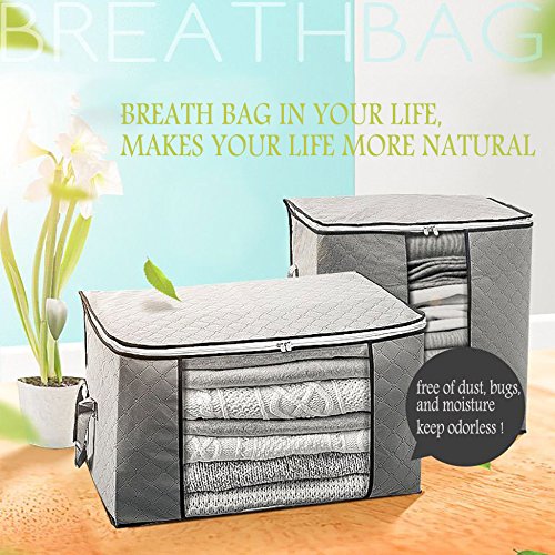 Foldable Storage Bag Organizers, Breathable Clothing Organizer Bags with Large Clear Window and Carry Handles, Storage Boxes for Comforters, Clothes, Blankets, Closets, Bedrooms, 3 Pack, Grey