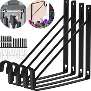 4pack closet shelf brackets, heavy duty closet rod & shelf brackets, 11 inch closet brackets with rod holder, hanger pole support bracket for clothes, wall mount closet rod brackets with screws-black