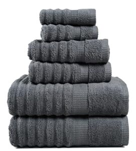 lane linen ribbed space grey bath towels for bathroom set- 100% cotton bath towel set, bathroom towels set, quick dry, luxury towels, 2 bath towels, 2 hand towels, 2 wash cloths - 6 piece set