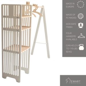 EWART WOODS Children Wardrobe Wood Clothing Rack Clothes Closet Kids Dress up Storage Toddler Wardrobe Montessori Room Furniture (Ivory White Wardrobe + Hangers 4X)