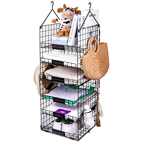 6 Tier Metal Hanging Closet Shelves Closet Hanging Organizer Wire Clothes Shelves with 9 S Hooks and 6 Name Plates Wall Mount Storage Basket Bins for Clothing Sweaters Shoes Handbags Clutches (Black)