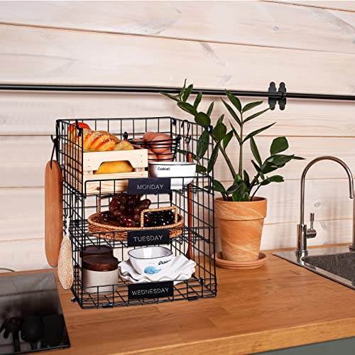 6 Tier Metal Hanging Closet Shelves Closet Hanging Organizer Wire Clothes Shelves with 9 S Hooks and 6 Name Plates Wall Mount Storage Basket Bins for Clothing Sweaters Shoes Handbags Clutches (Black)