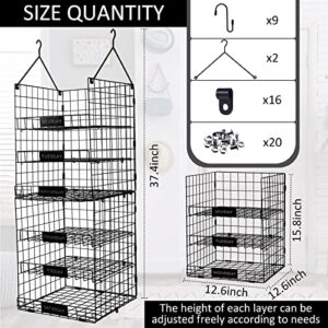 6 Tier Metal Hanging Closet Shelves Closet Hanging Organizer Wire Clothes Shelves with 9 S Hooks and 6 Name Plates Wall Mount Storage Basket Bins for Clothing Sweaters Shoes Handbags Clutches (Black)