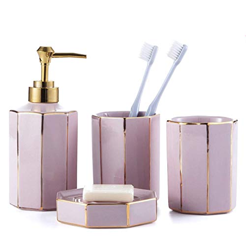 YYW Bathroom Accessory Set Ceramics Vanity Countertop Accessory Set Bathroom Set Includes Lotion Dispenser Tumblers Soap Dish (Pink)