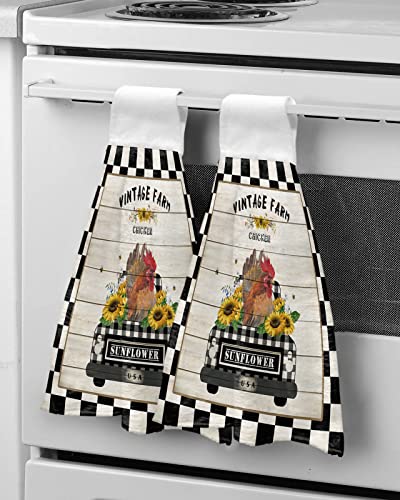 Hanging Kitchen Towel with Loop Vintage Farm Chicken Truck Black White Buffalo Plaid Soft Dish Towels Tie Towel Tea Towels Washcloth for Bathroom Home