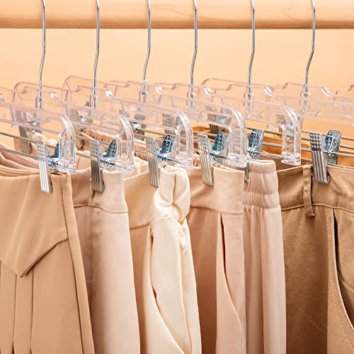 HOUSE DAY 25 Pack Clear Pants Hangers with Clips, Non-Slip Skirt Hangers with Adjustable Clips, Heavy Duty Slim Plastic Hangers 14" 360-Rotating Swivel Hook, Clip Hangers for Pants, Trousers, Skirts