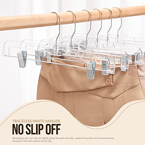 HOUSE DAY 25 Pack Clear Pants Hangers with Clips, Non-Slip Skirt Hangers with Adjustable Clips, Heavy Duty Slim Plastic Hangers 14" 360-Rotating Swivel Hook, Clip Hangers for Pants, Trousers, Skirts