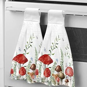 LBDOMOV Mushroom Kitchen Hand Towel,Soft Hanging Dish Towels with Loop,Bohomia Botanical Floral Wildflowers Green Leaves Butterflies Absorbent Drying Cleaning Cloth Dishclothes Decorative Sets,2-PC