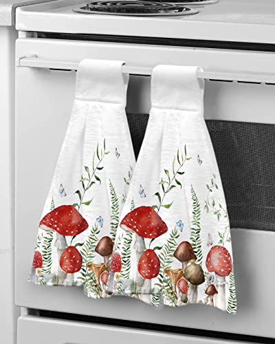 LBDOMOV Mushroom Kitchen Hand Towel,Soft Hanging Dish Towels with Loop,Bohomia Botanical Floral Wildflowers Green Leaves Butterflies Absorbent Drying Cleaning Cloth Dishclothes Decorative Sets,2-PC