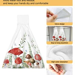 LBDOMOV Mushroom Kitchen Hand Towel,Soft Hanging Dish Towels with Loop,Bohomia Botanical Floral Wildflowers Green Leaves Butterflies Absorbent Drying Cleaning Cloth Dishclothes Decorative Sets,2-PC