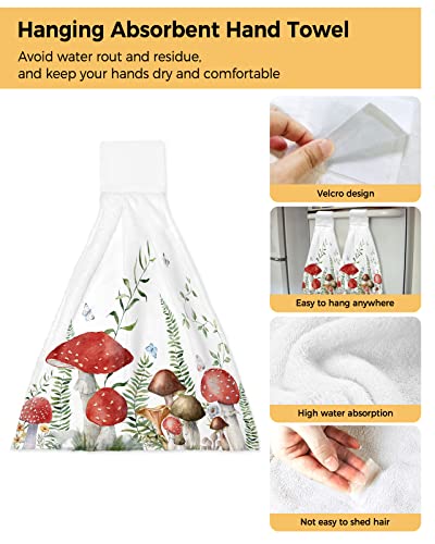 LBDOMOV Mushroom Kitchen Hand Towel,Soft Hanging Dish Towels with Loop,Bohomia Botanical Floral Wildflowers Green Leaves Butterflies Absorbent Drying Cleaning Cloth Dishclothes Decorative Sets,2-PC