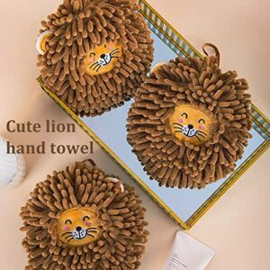 2 Pack Hanging Hand Towels Funny Cute Chenille Hand Bath Towel Microfiber Super Absorbent Quick Dry Fuzzy Ball Towel with Loop for Kitchen Bathroom Home Decorative (Lion)