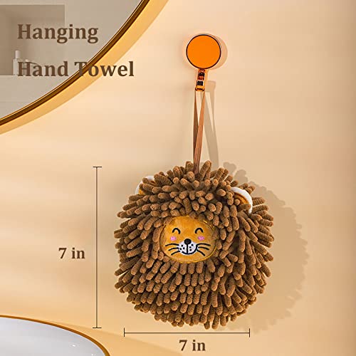 2 Pack Hanging Hand Towels Funny Cute Chenille Hand Bath Towel Microfiber Super Absorbent Quick Dry Fuzzy Ball Towel with Loop for Kitchen Bathroom Home Decorative (Lion)