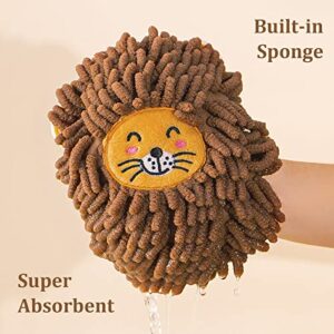 2 Pack Hanging Hand Towels Funny Cute Chenille Hand Bath Towel Microfiber Super Absorbent Quick Dry Fuzzy Ball Towel with Loop for Kitchen Bathroom Home Decorative (Lion)