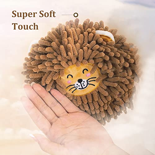 2 Pack Hanging Hand Towels Funny Cute Chenille Hand Bath Towel Microfiber Super Absorbent Quick Dry Fuzzy Ball Towel with Loop for Kitchen Bathroom Home Decorative (Lion)