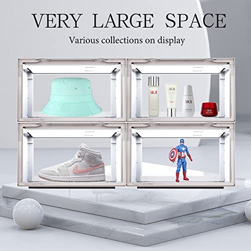 Super God of War Shoe Storage Box - 2 Pack LED Shoe Organizer for Closet - Large Plastic Stackable Shoe Boxes with Magnetic Door - Sneaker Storage Containers for Size 16 - Foldable Shoe Display Case